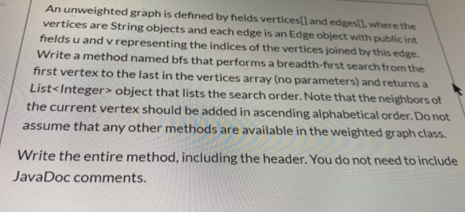 Solved (Java) Please write DFS() and BFS() method for an | Chegg.com