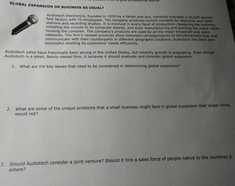 Solved GLOBAL EXPANSION OR BUSINESS AS USUAL? Audiotech | Chegg.com