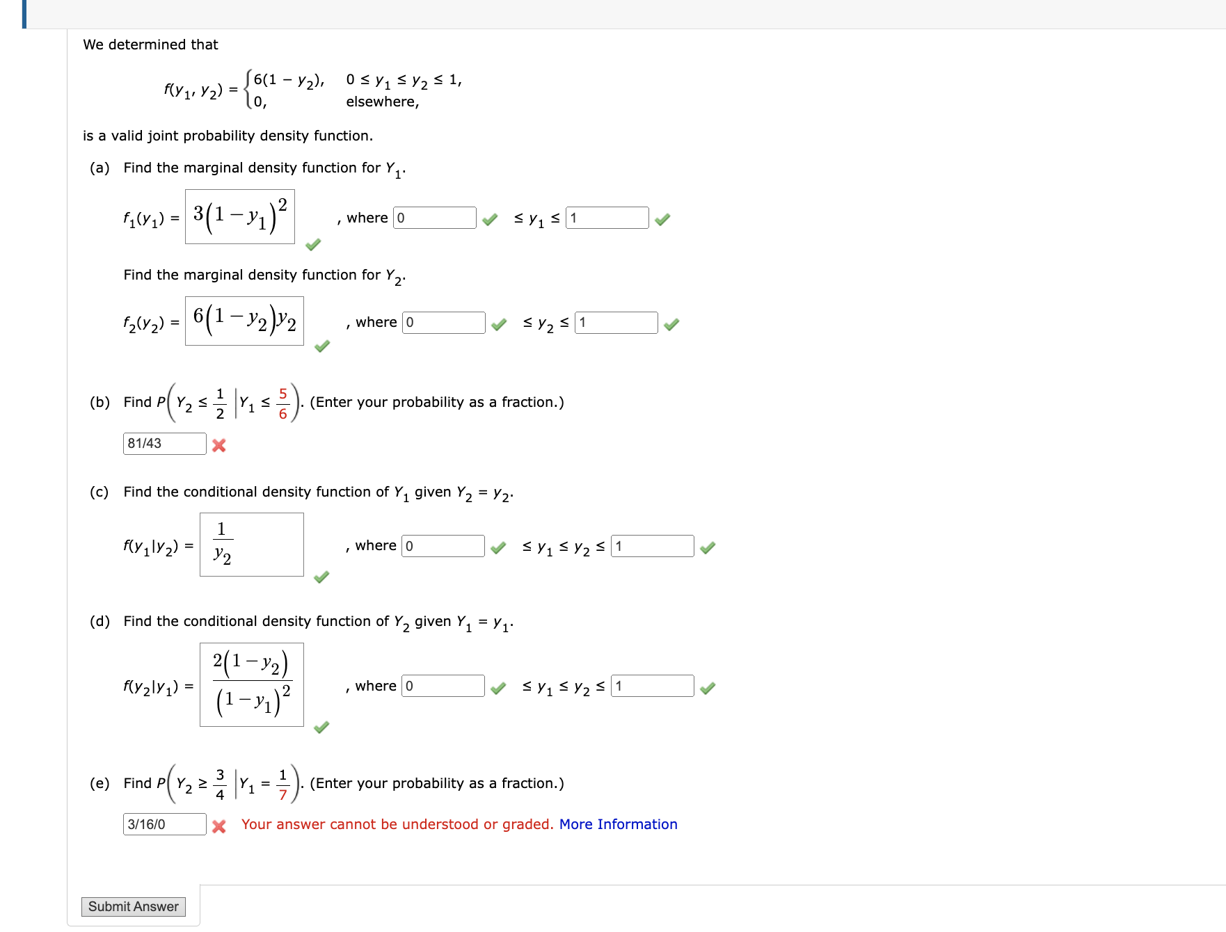 Solved We determined that f(y1,y2)={6(1−y2),0,0≤y1≤y2≤1, | Chegg.com