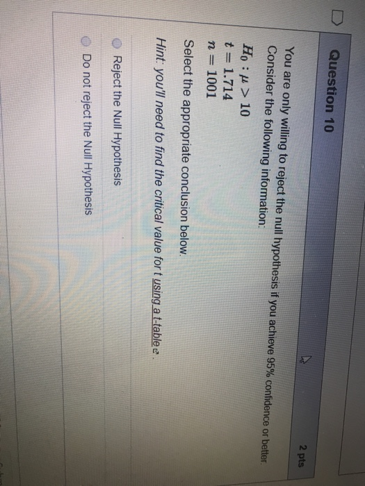 Solved D Question 10 2 pts You are only willing to reject | Chegg.com