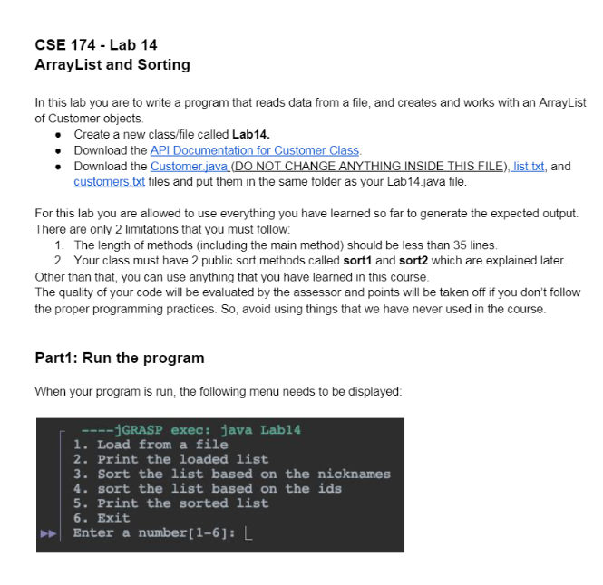 CSE 174 - Lab 14 ArrayList and Sorting In this lab | Chegg.com