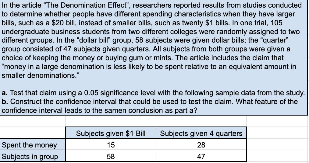 Solved In the article “The Denomination Effect”, researchers | Chegg.com