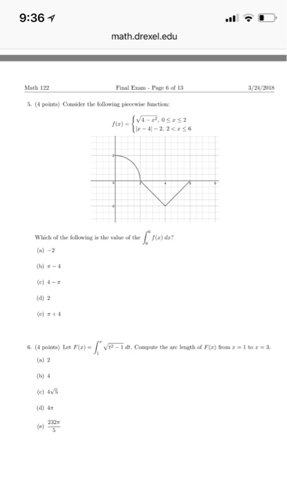 Solved 9:36? math.drexel.edu 2 of 13 Math 822 Moth 122 | Chegg.com