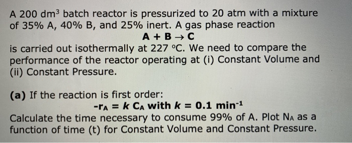 Solved A 200 dm3 batch reactor is pressurized to 20 atm with | Chegg.com