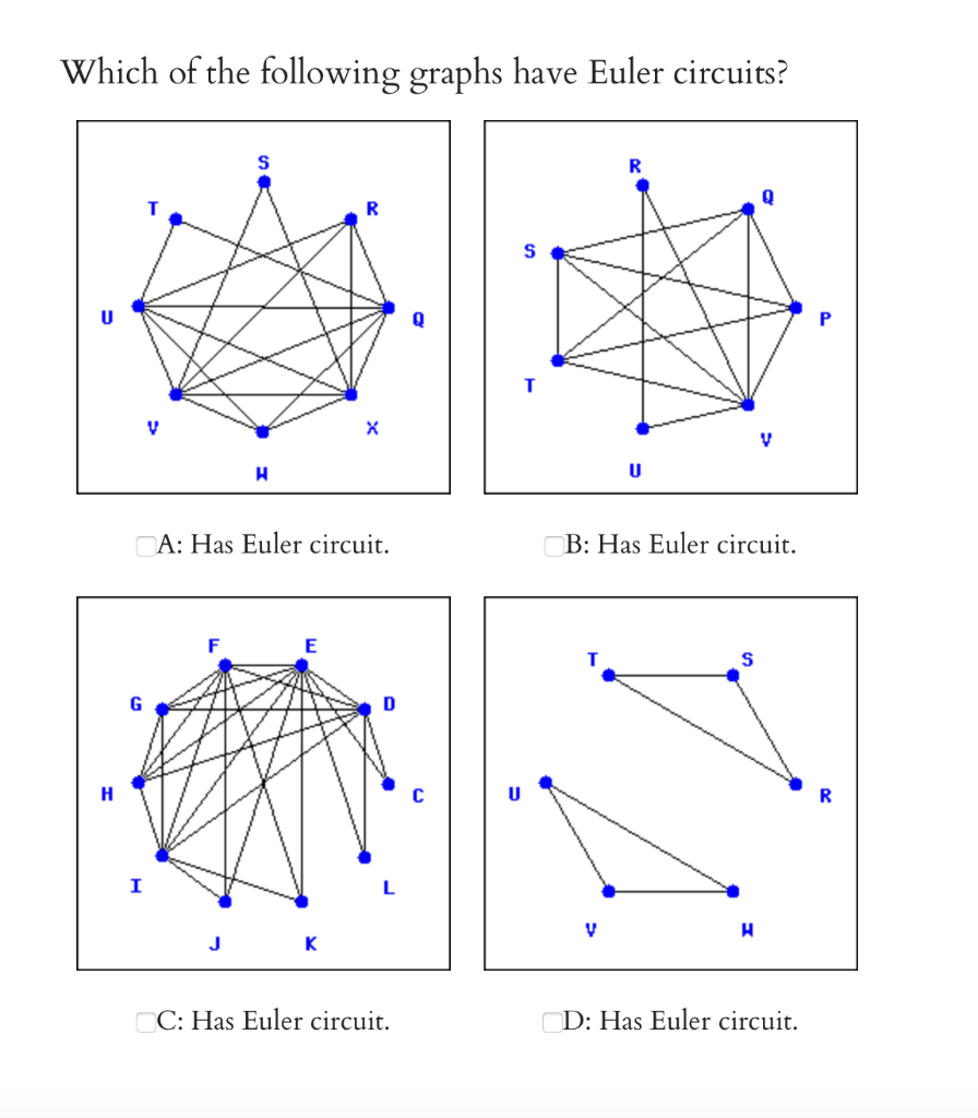 Solved Which of the following graphs have Euler circuits? A: | Chegg.com