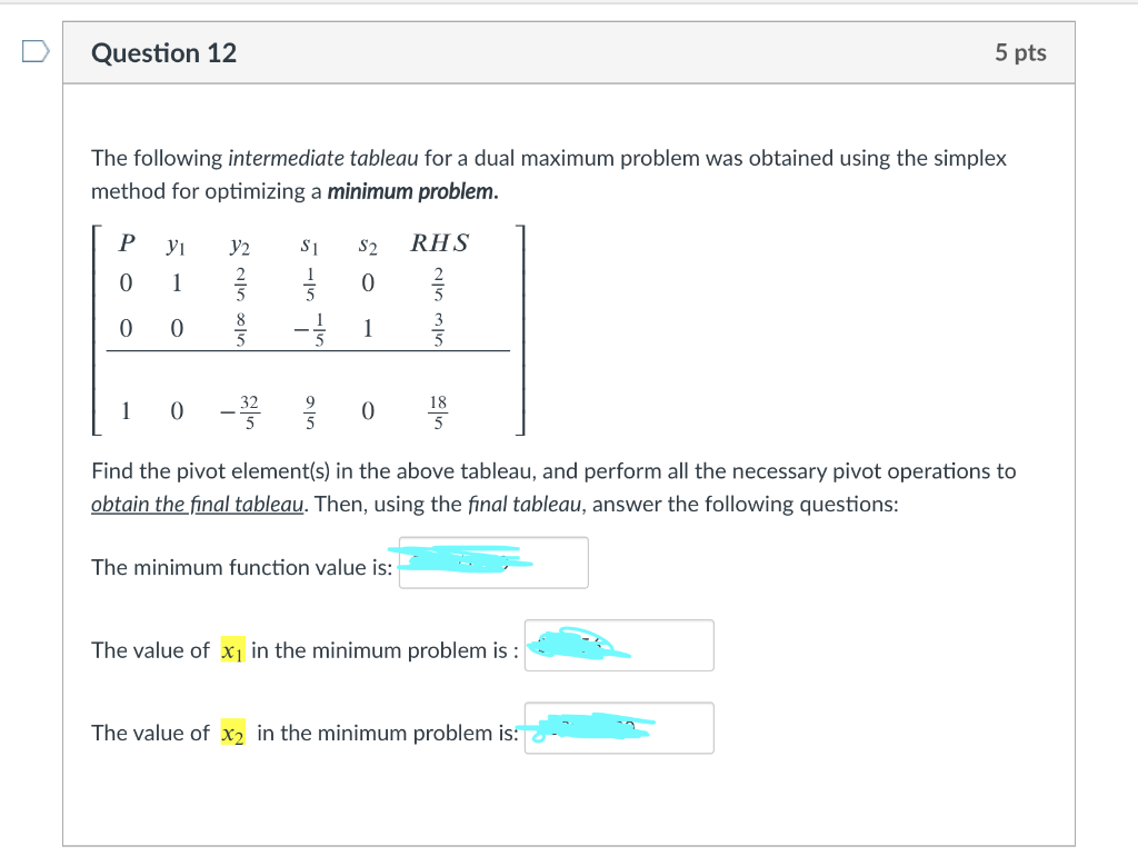 Solved Question 12 5 pts The following intermediate tableau | Chegg.com