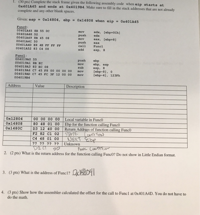 Solved Complete the stack frame given the following assembly | Chegg.com