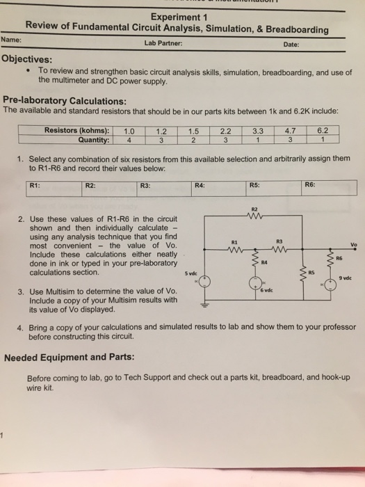 Solved Experiment 1 Review of Fundamental Circuit Analysis, | Chegg.com