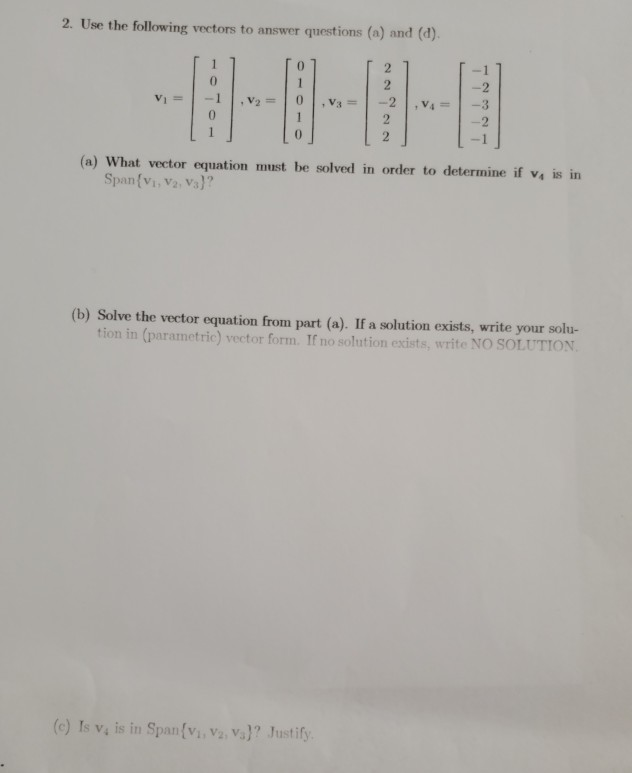 Solved 2. Use the following vectors to answer questions (a) | Chegg.com