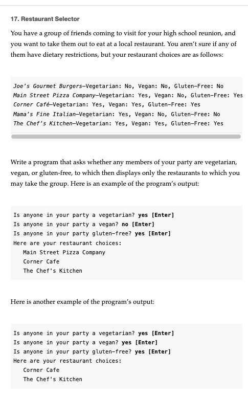 Solved 17. Restaurant Selector You have a group of friends | Chegg.com