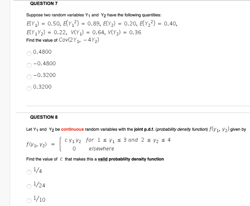Solved QUESTION 7 Suppose two random variables Y1 and Y2 | Chegg.com