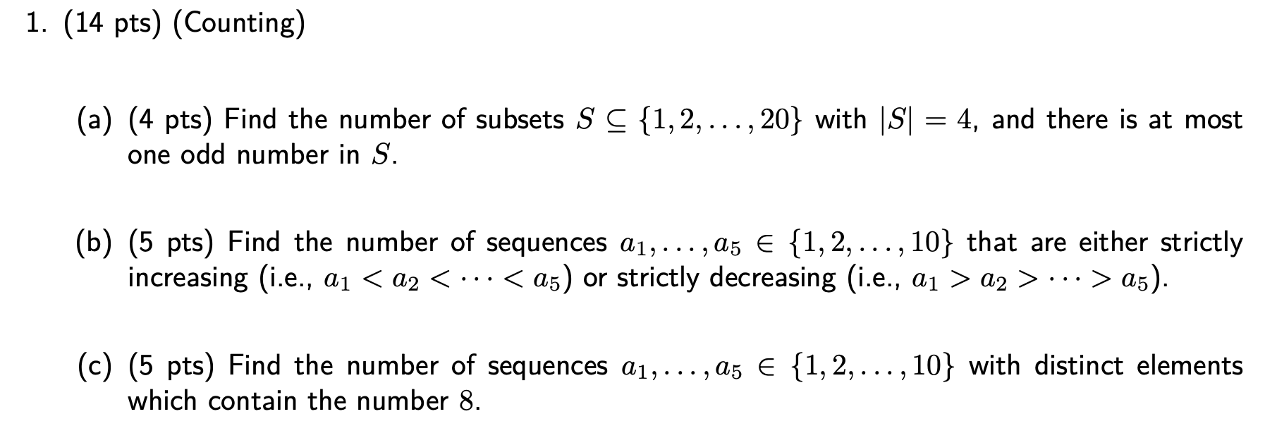 Solved (a) (4 pts) Find the number of subsets S⊆{1,2,…,20} | Chegg.com