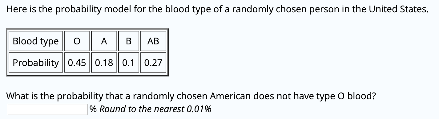 Solved Here is the probability model for the blood type of a | Chegg.com