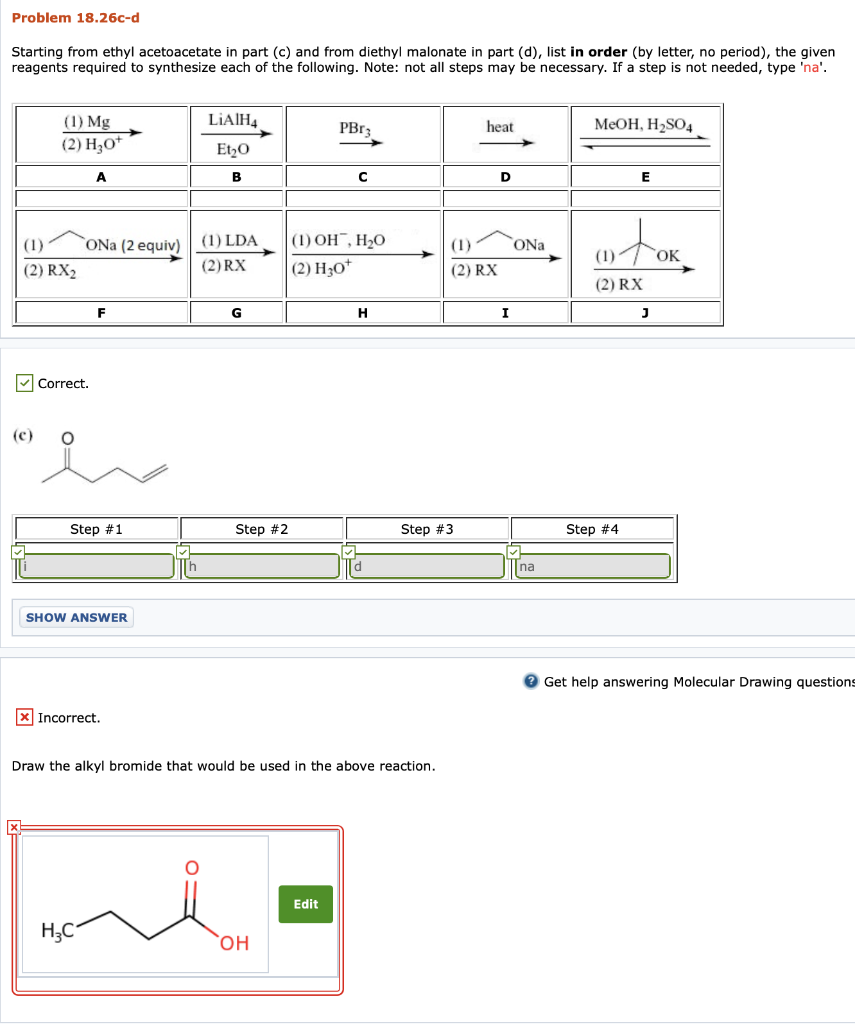 Solved Problem 18.26c-d Starting from ethyl acetoacetate in | Chegg.com