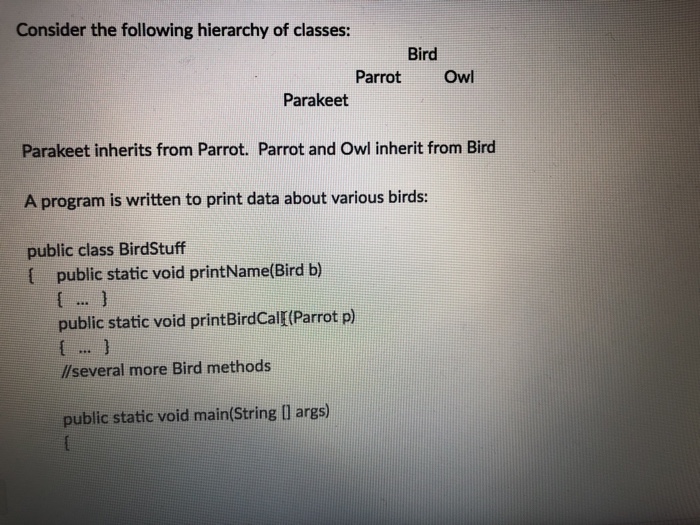 Solved Consider the following hierarchy of classes: Bird | Chegg.com