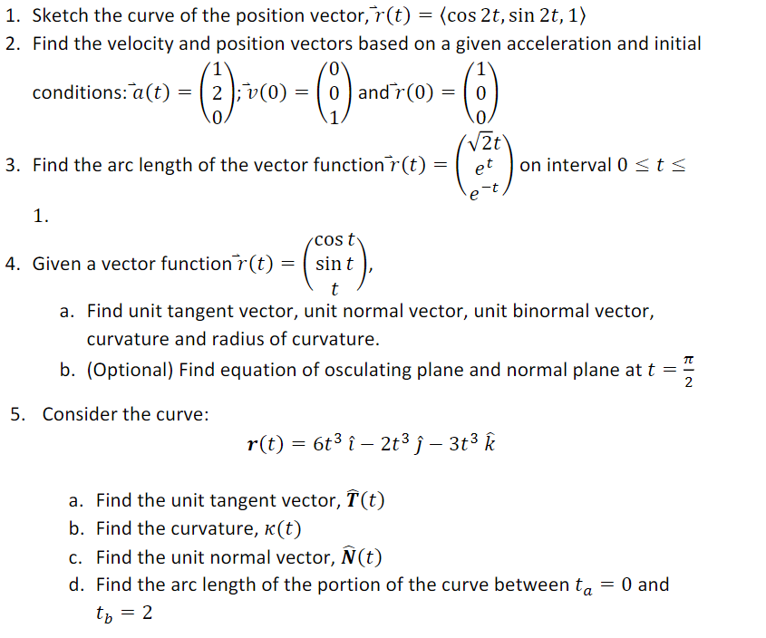 Solved 1. Sketch the curve of the position vector, r(t) = | Chegg.com