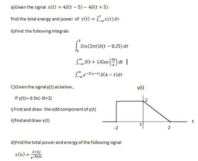Solved a) ﻿Given the signal x(t)=4δ(t-5)-4δ(t+5)find the | Chegg.com