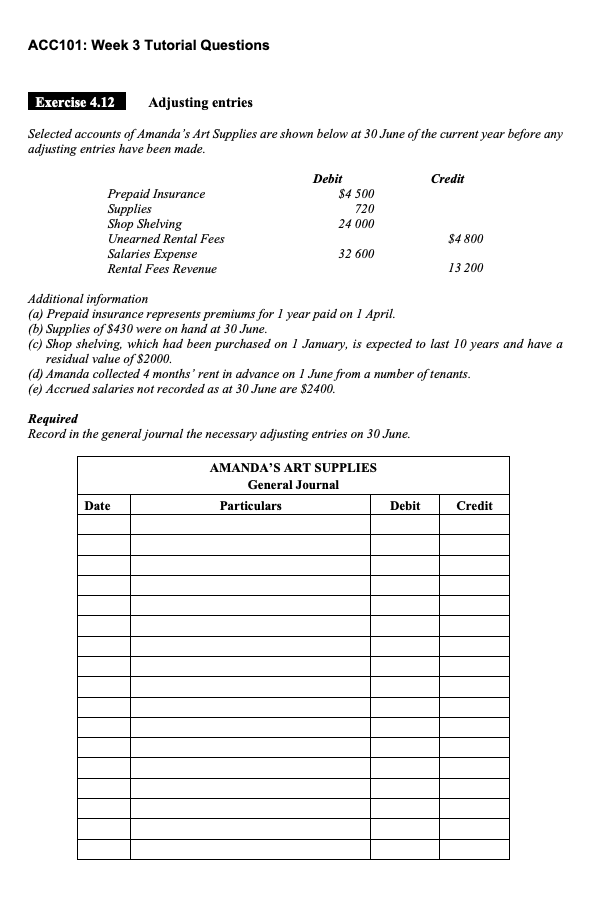 Solved ACC101: Week 3 Tutorial Questions Adjusting entries | Chegg.com