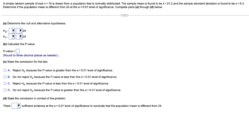 Solved A simple random sample of size n=15 is drawn from a | Chegg.com