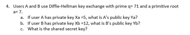 Solved 4. Users A and B use Diffie-Hellman key exchange with | Chegg.com