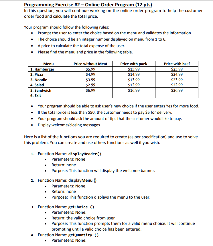 Solved Programming Exercise #2 - Online Order Program (12 | Chegg.com