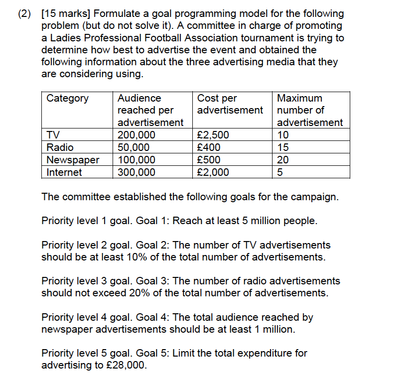 Solved (2) [15 marks] Formulate a goal programming model for | Chegg.com