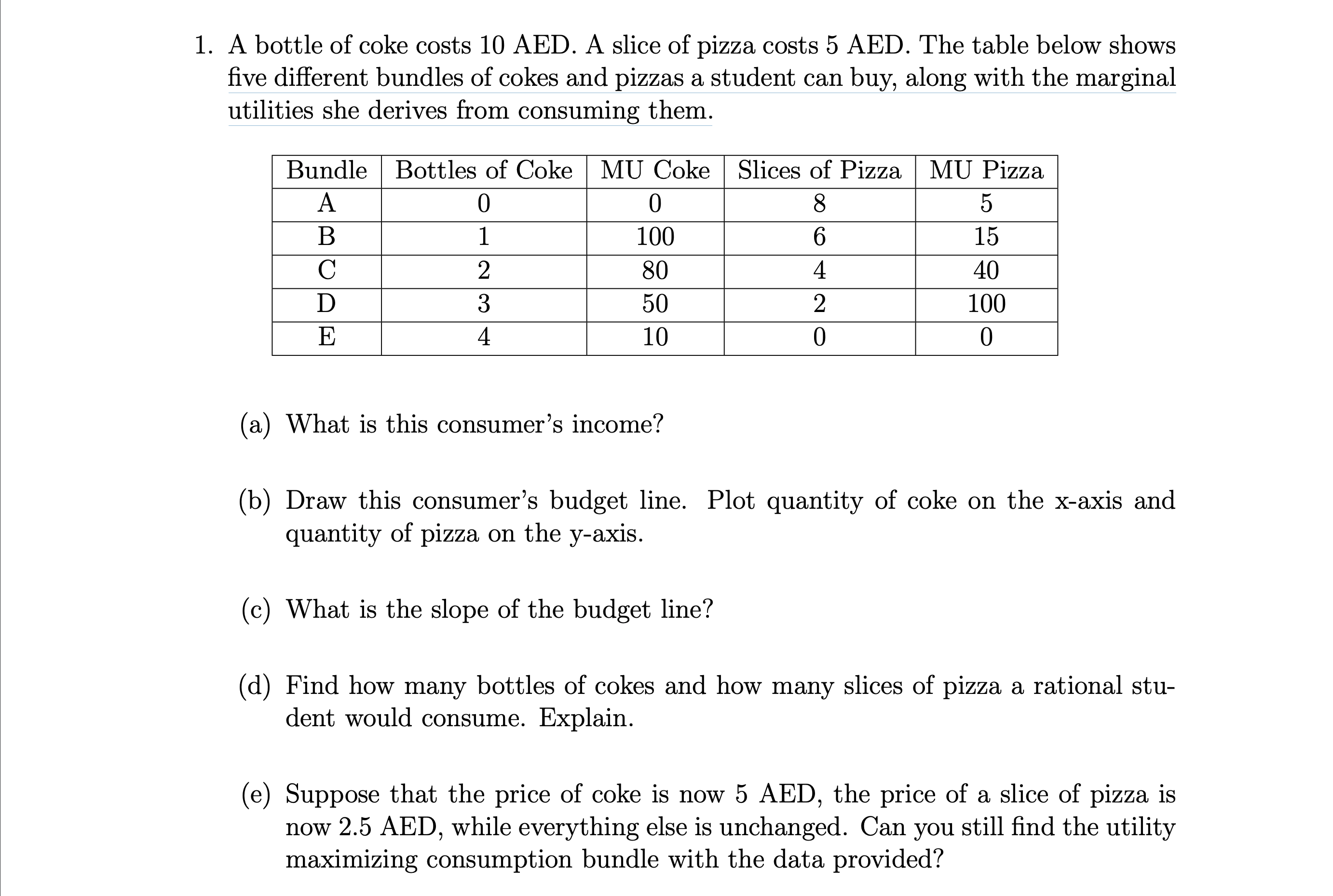 Solved A bottle of coke costs 10 AED. A slice of pizza costs | Chegg.com