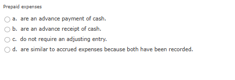 Solved Prepaid expenses a. are an advance payment of cash. | Chegg.com