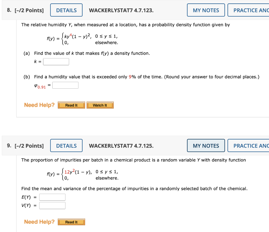 Solved The relative humidity Y, when measured at a location, | Chegg.com