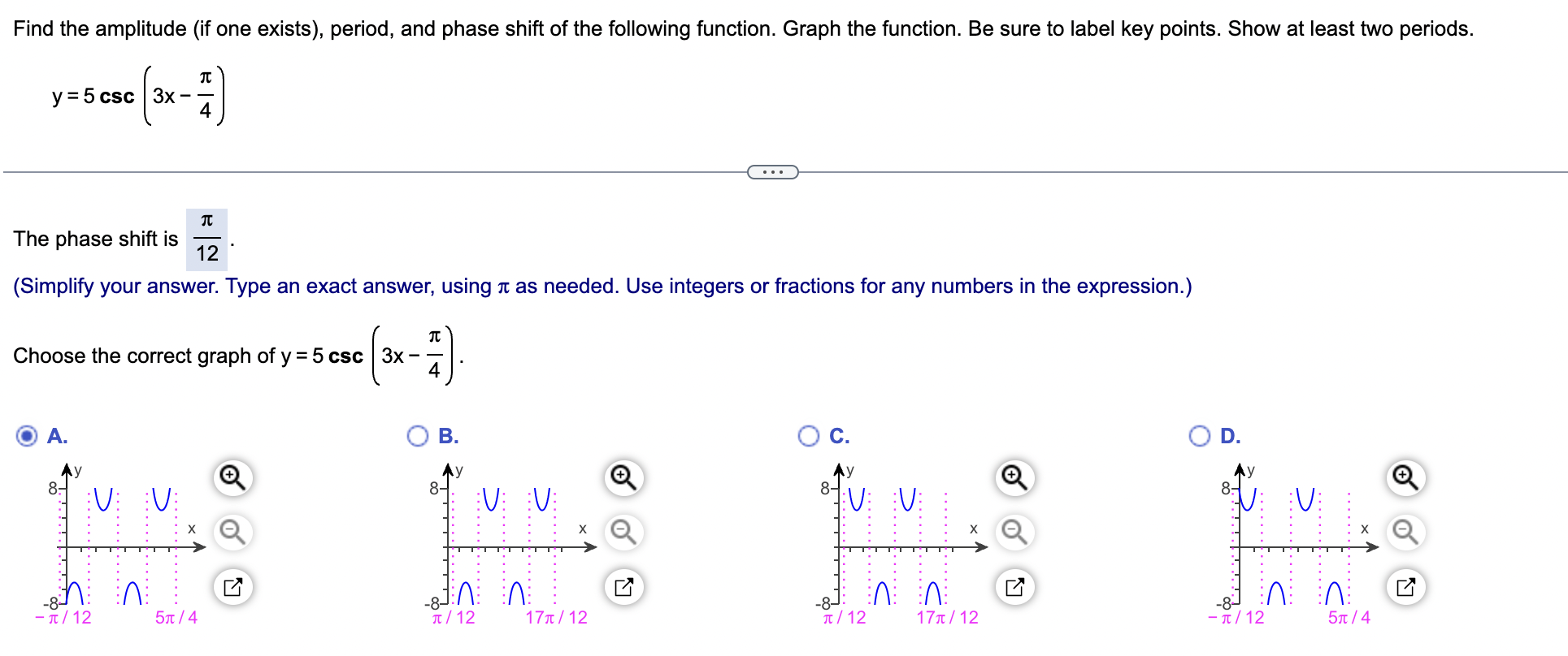 Solved Find the amplitude (if one exists), period, and phase | Chegg.com