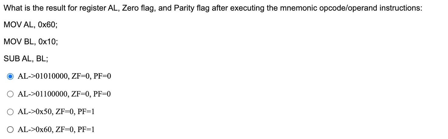 Solved What is the result for register AL, Zero flag, and | Chegg.com