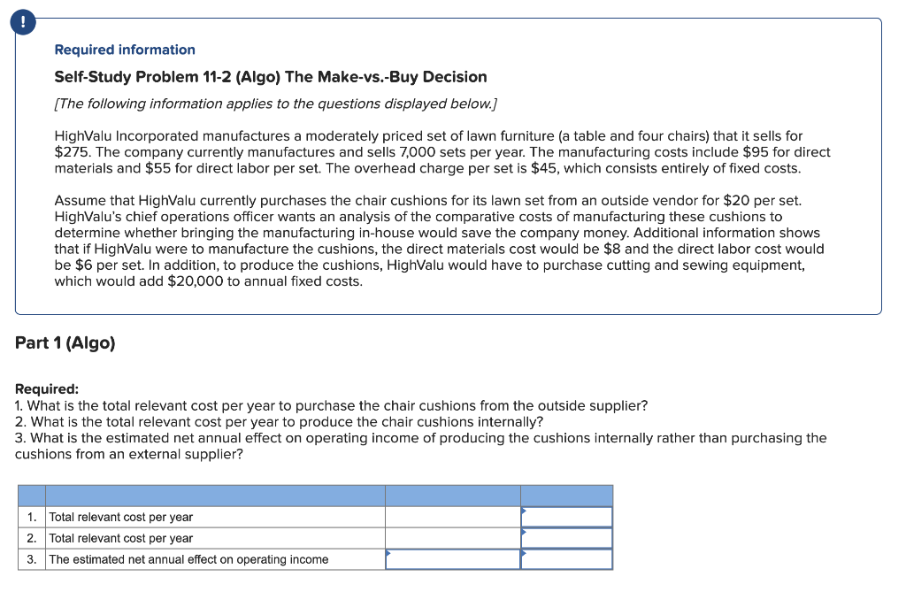 Solved Required information Self-Study Problem 11-1 (Algo) | Chegg.com