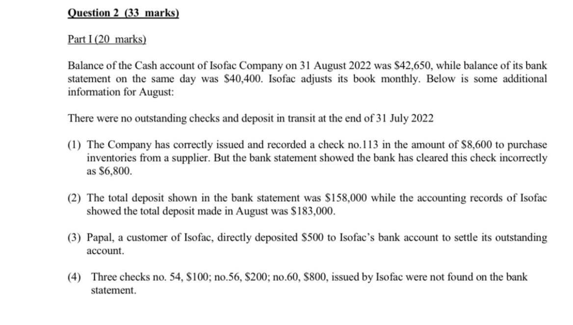Solved Question 2 (33 marks) Part I (20 marks) Balance of | Chegg.com