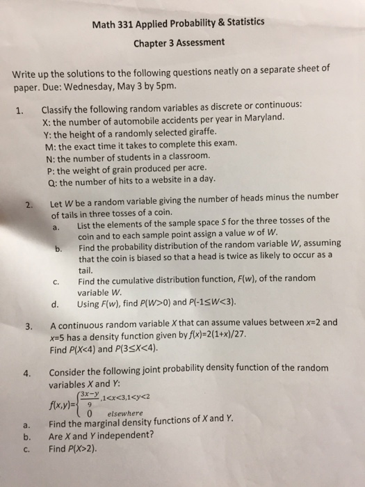 Solved Math 331 Applied Probability & Statistics Chapter 3 | Chegg.com