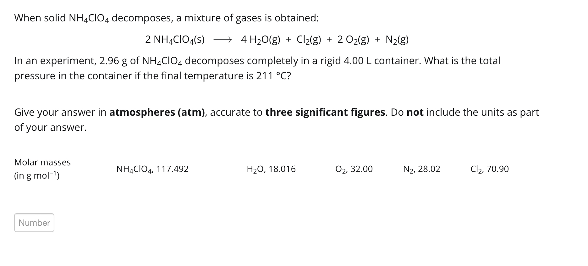 Solved When solid NH4ClO4 decomposes, a mixture of gases is | Chegg.com