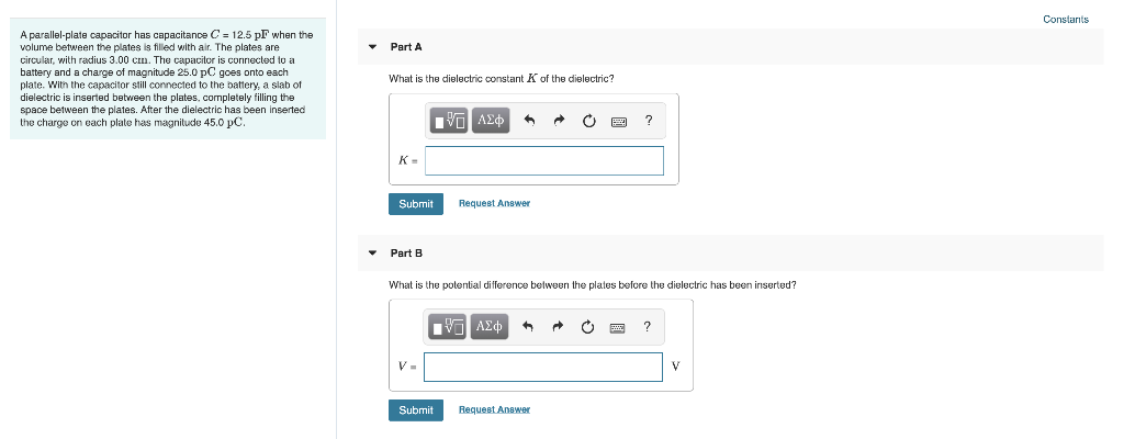 Solved Constants Part A A parallel-plate capacitor has | Chegg.com