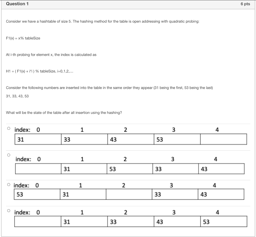 Solved Question 1 6 pts Consider we have a hashtable of size | Chegg.com