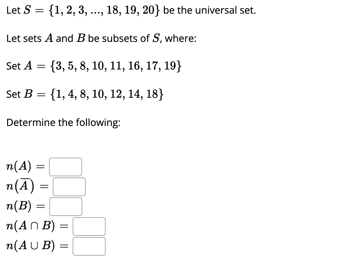 Solved Let S={1,2,3,dots,18,19,20} be the universal set.Let | Chegg.com Solved Let S={1,2,3,dots,18,19,20} be the universal set.Let | Chegg.com