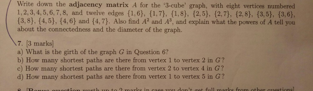 Solved Write down the adjacency matrix A for the '3-cube' | Chegg.com