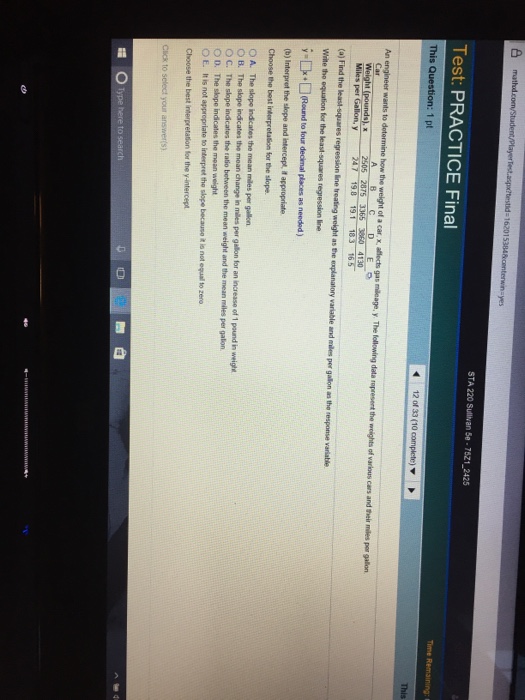 Solved 凸mathd STA 220 Sullivan Se- 7521 2425 Test: PRACTICE | Chegg.com