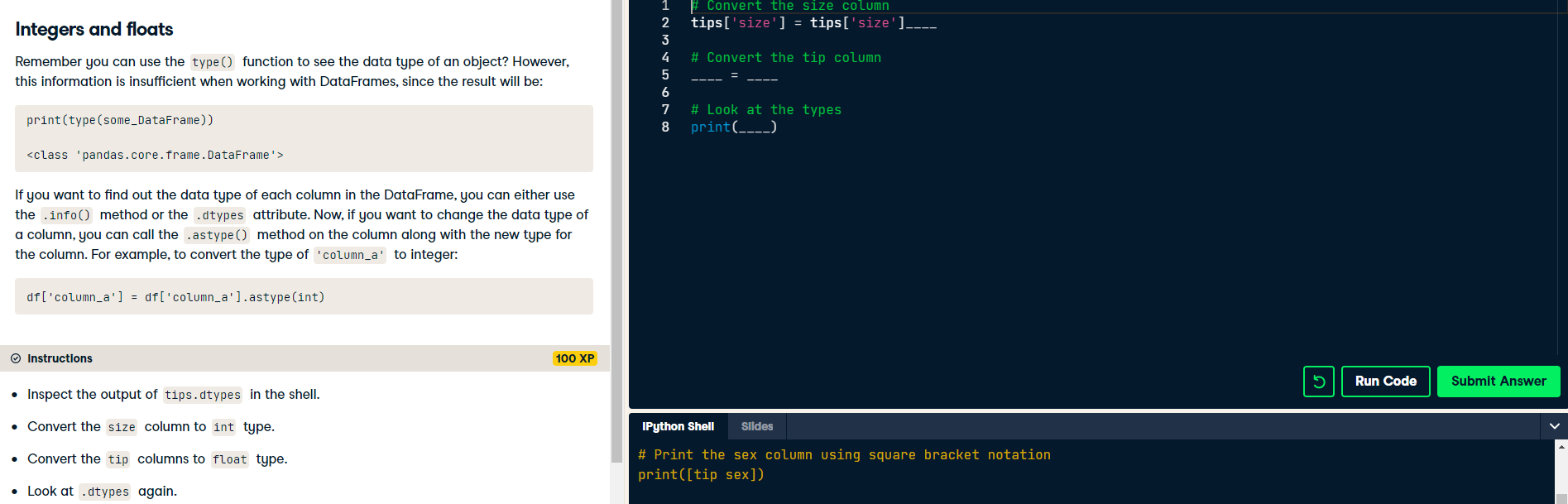Solved # Convert the size column tips['size'] = | Chegg.com