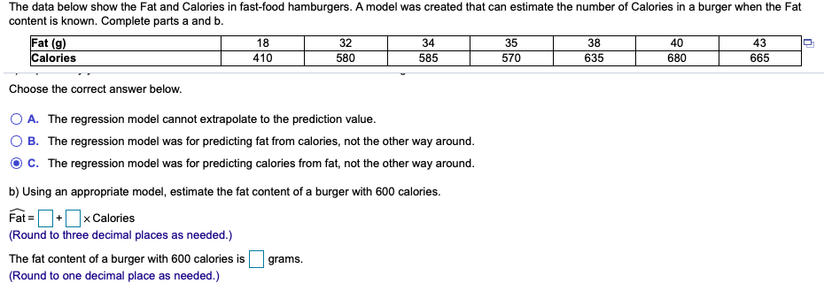 Solved The data below show the Fat and Calories in fast-food | Chegg.com