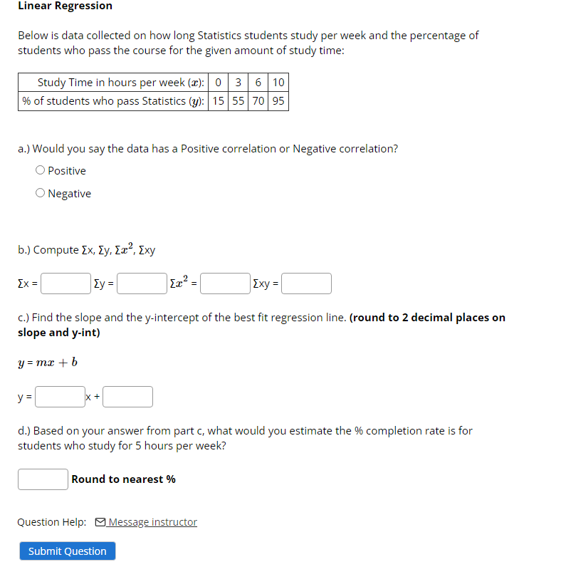 Solved Linear Regression Below is data collected on how long | Chegg.com