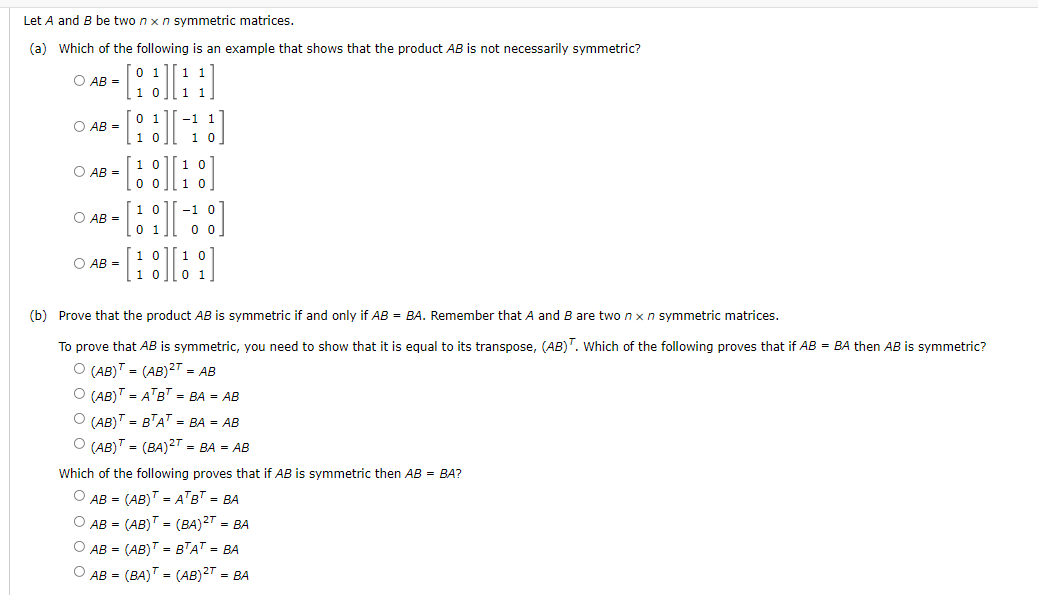 Solved Let A and B be two nx n symmetric matrices. (a) Which | Chegg.com