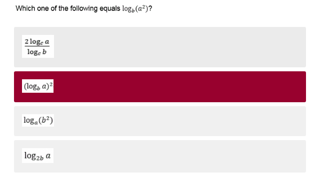 Solved Which one of the following equals logb(a2)? (logba)2 | Chegg.com