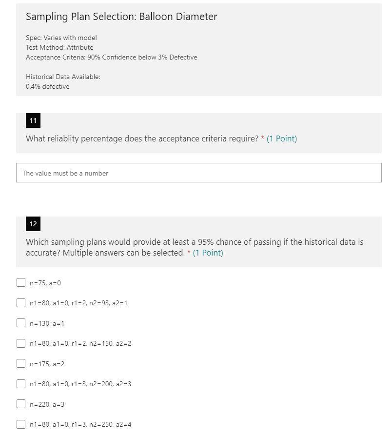 Solved Sampling Plan Selection: Balloon Diameter Spec: | Chegg.com