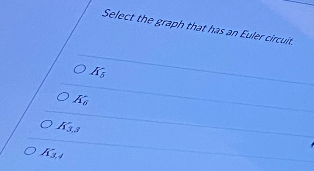 Solved Select the graph that has an Euler circuit. O K5 Oko | Chegg.com