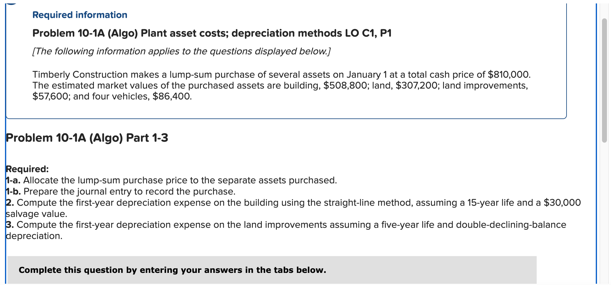 Solved Problem 10-1A (Algo) Plant asset costs; depreciation | Chegg.com