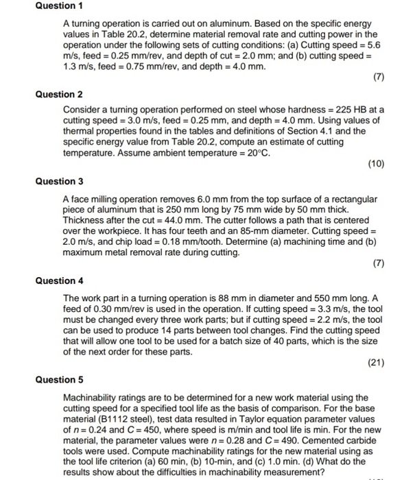 Solved Question 1 A turning operation is carried out on | Chegg.com