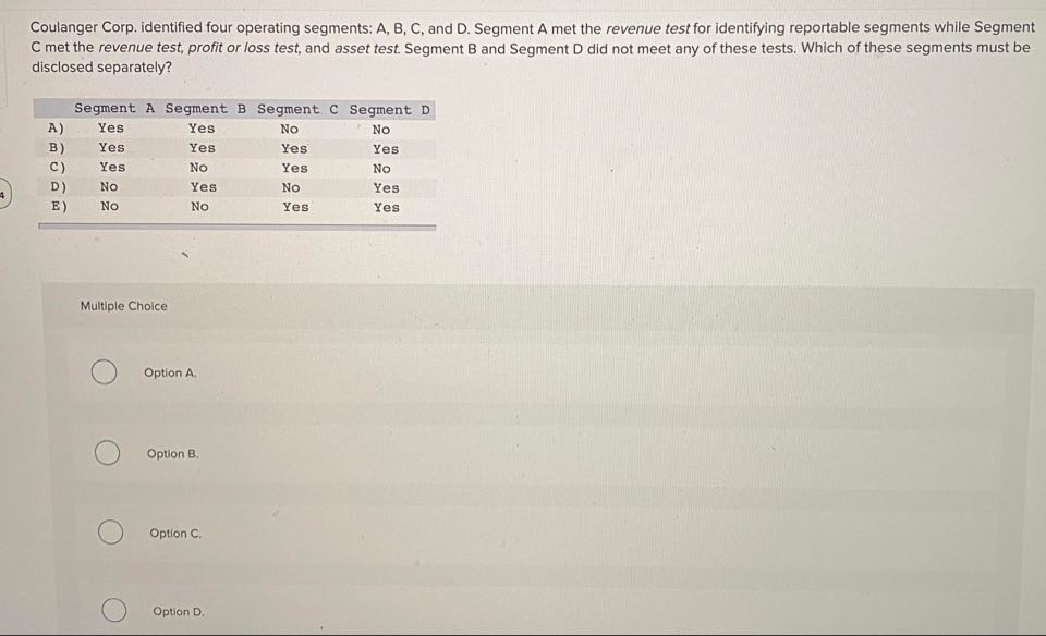 Solved Coulanger Corp. identified four operating segments: | Chegg.com